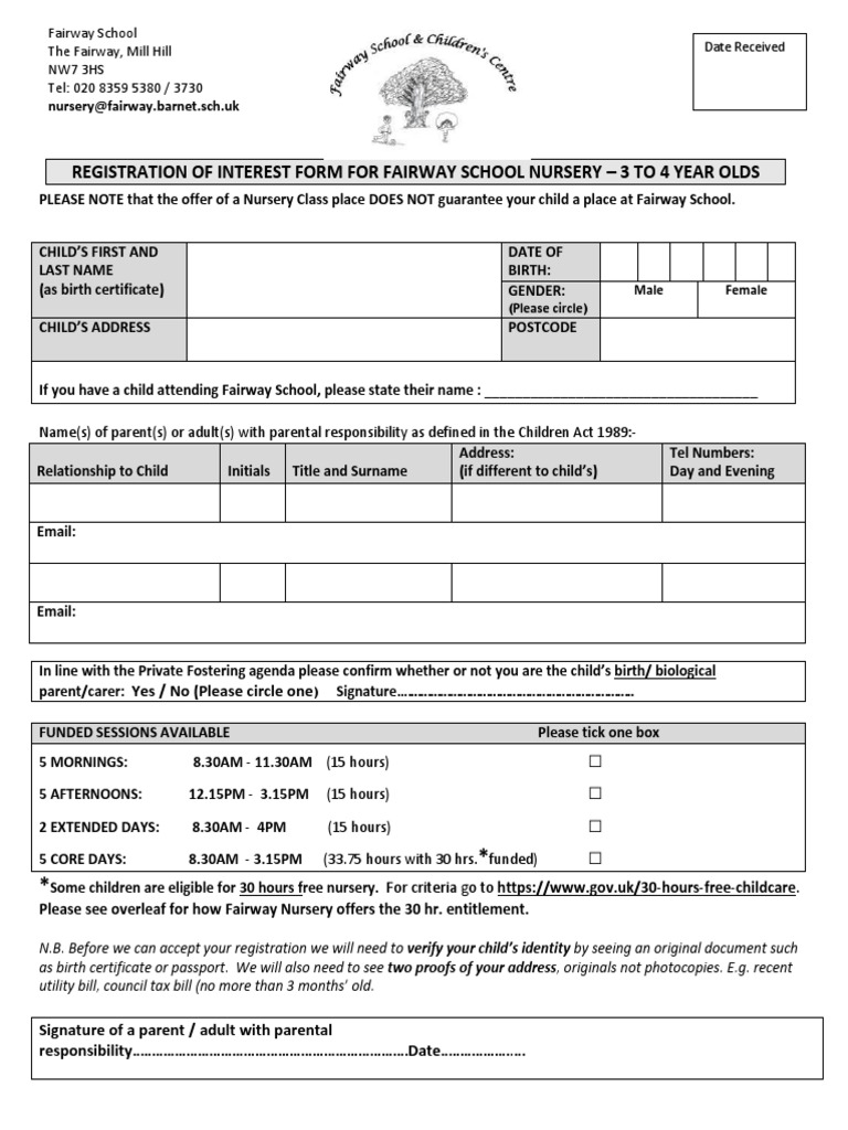 Registration of Interest Form For Fairway School Nursery - 3 To 4 Year ...