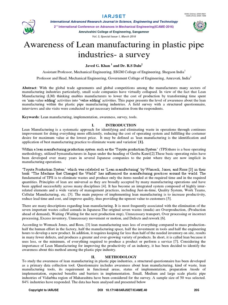 Awareness of Lean Manufacturing in Plastic Pipe Industries-A Survey ...