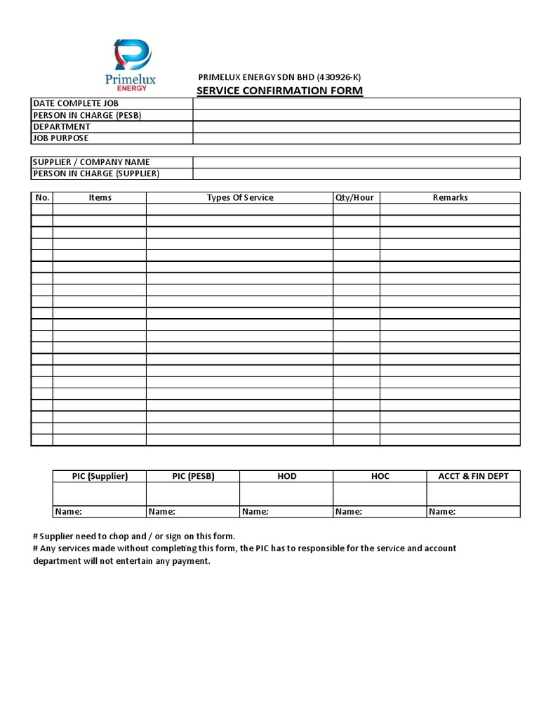 Service Confirmation Form | PDF