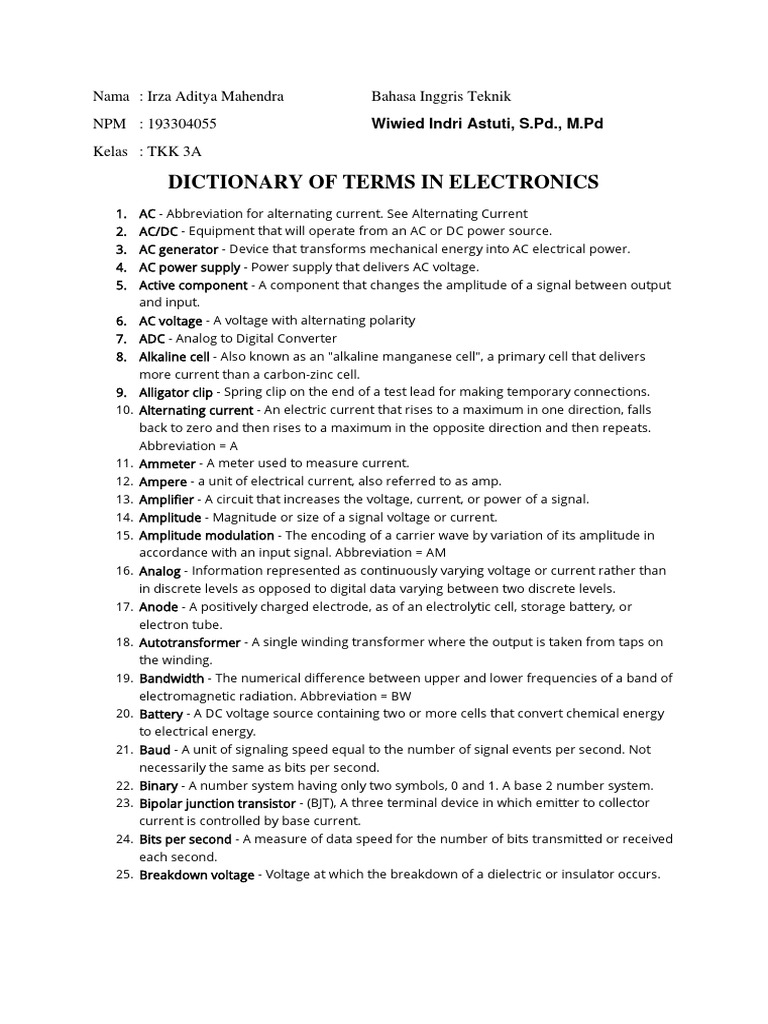 Dictionary of Terms in Electronics | PDF | Amplifier | Rectifier