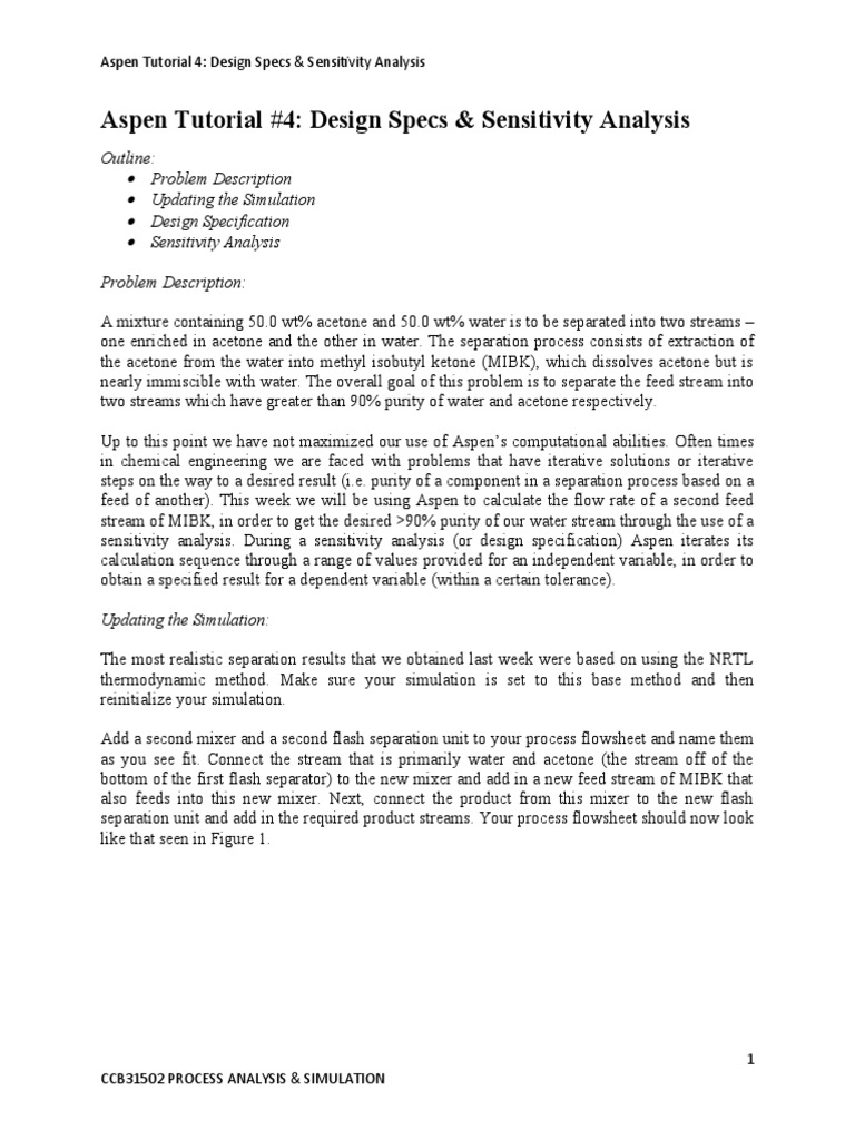 Aspen Tutorial #4: Design Specs & Sensitivity Analysis: Outline | PDF ...