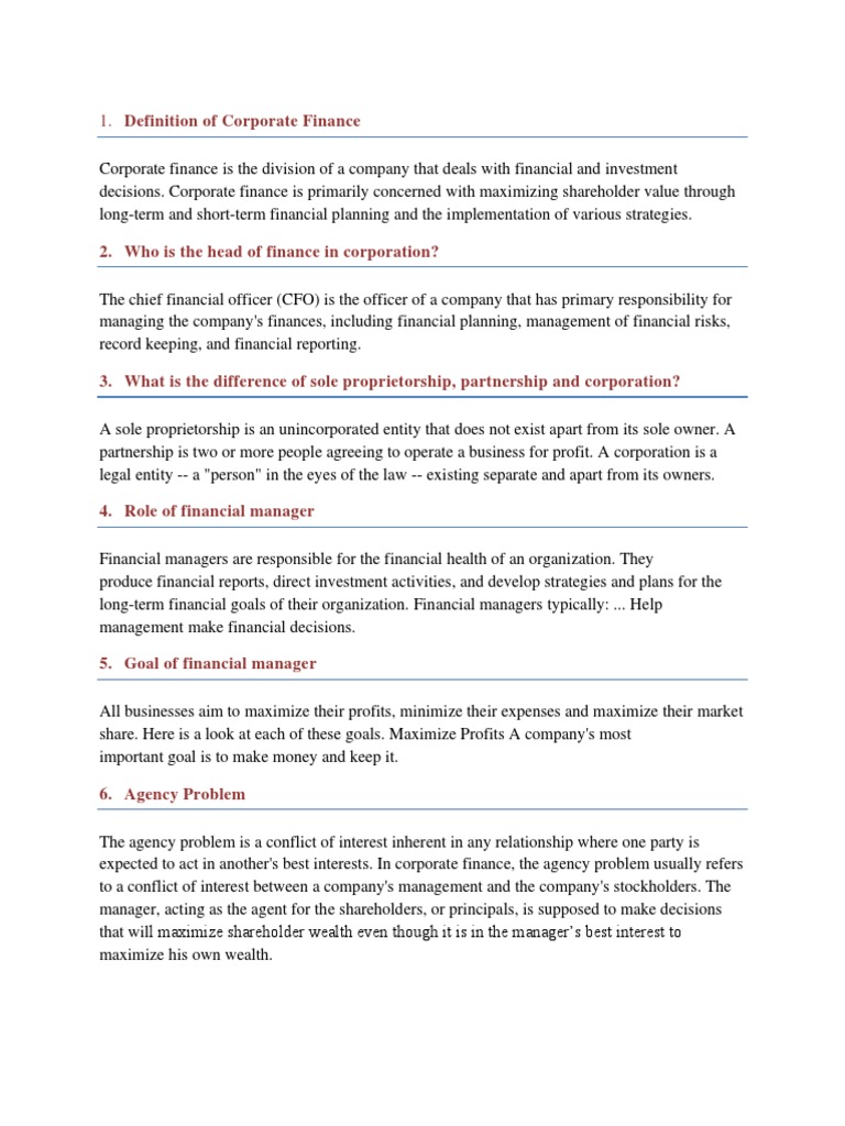 Definition of Corporate Finance: 2. Who Is The Head of Finance in ...