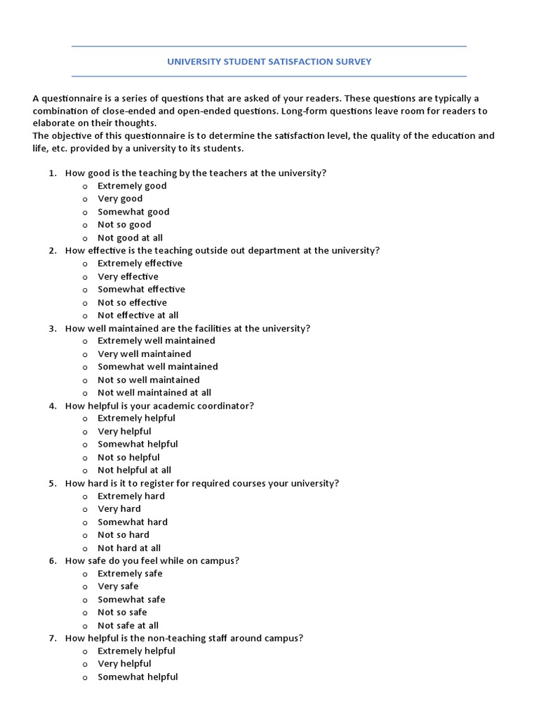 University Student Satisfaction Survey | PDF | Questionnaire | Behavior ...