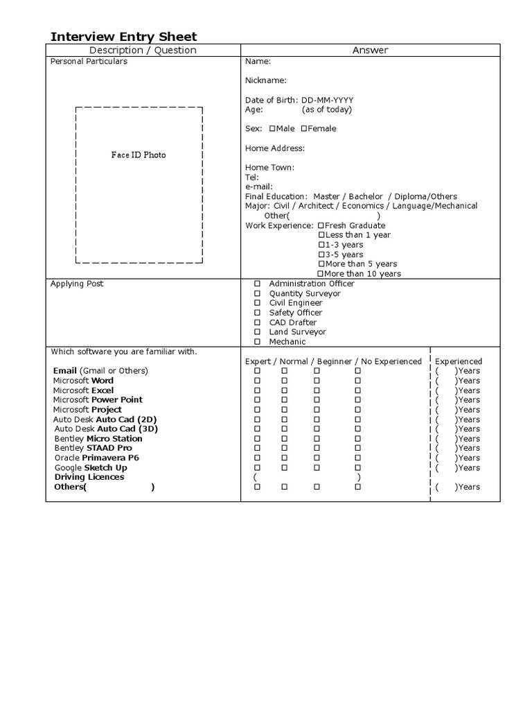 Interview Entry Sheet: Description / Question Answer | PDF | Crane ...