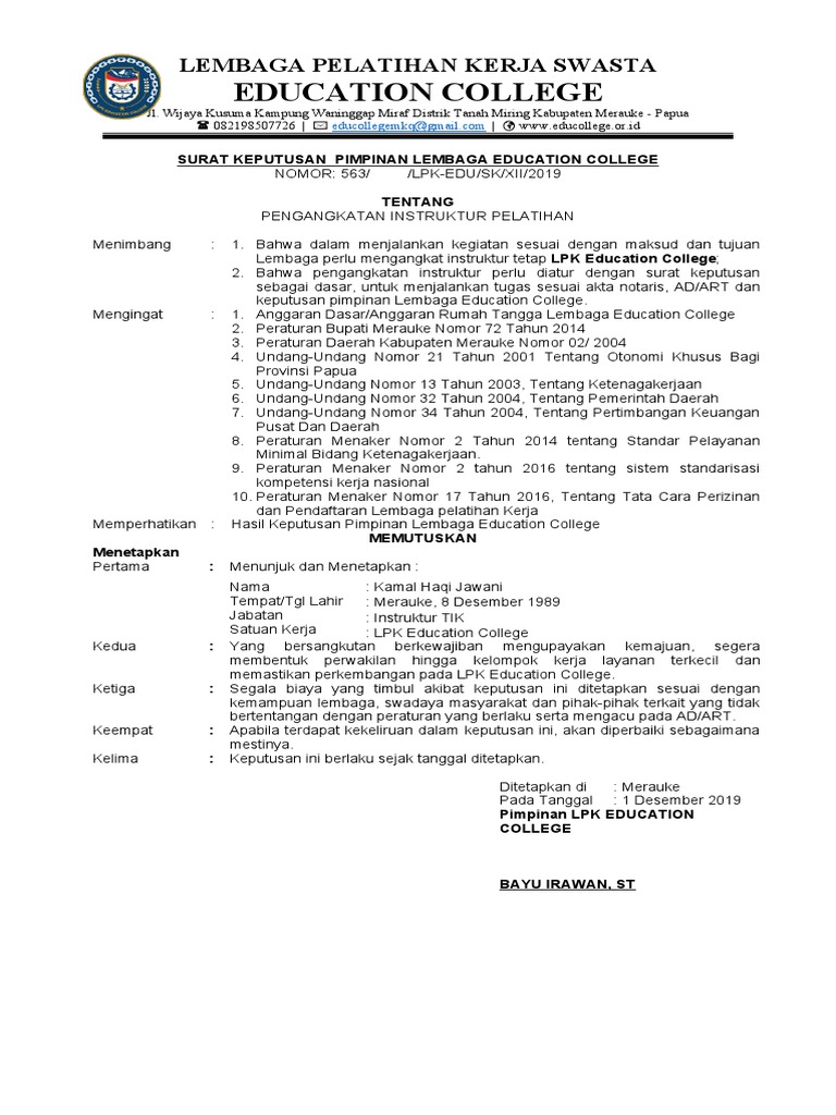 Pengangkatan Instruktur LPK Education College | PDF