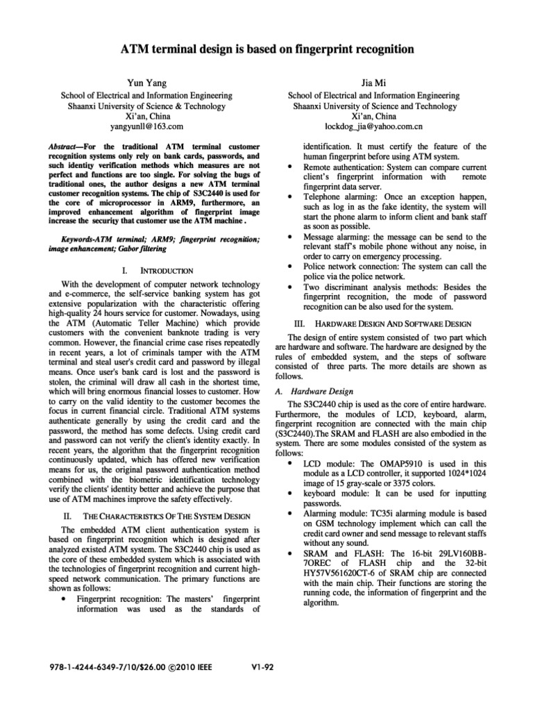 ATM Terminal Design Is Based On Fingerprint Recognition - 05486288 PDF ...