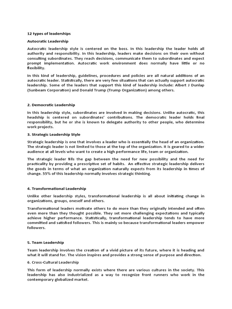 Overview of 12 Leadership Types | PDF | Transformational Leadership ...