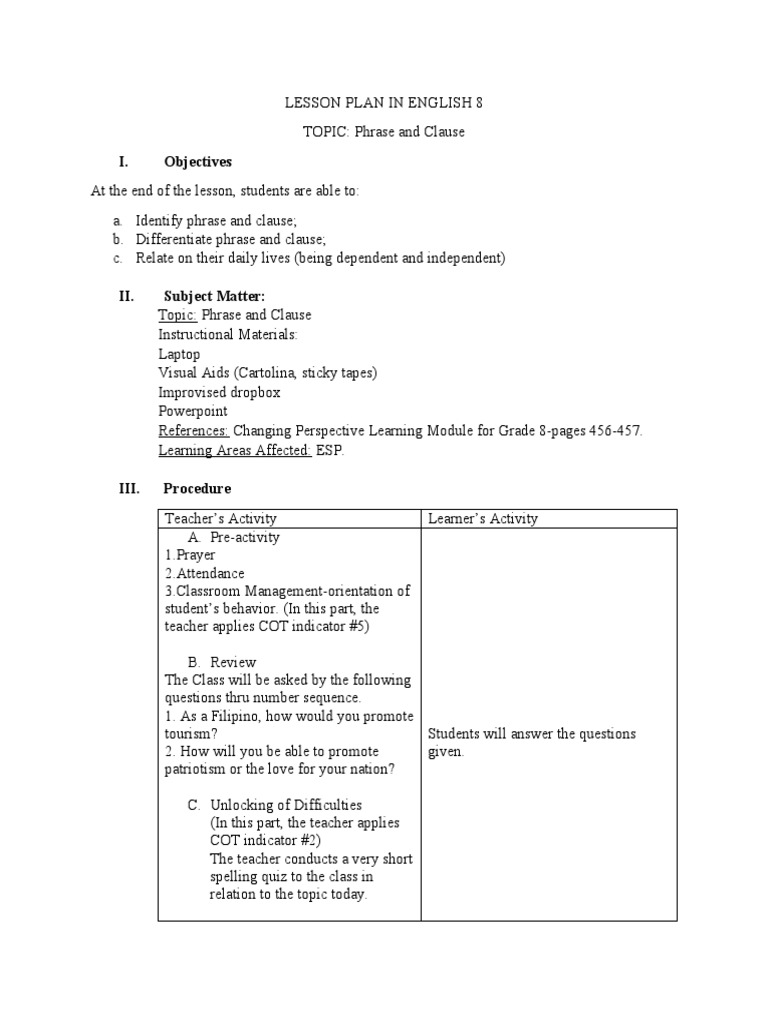 Lesson Plan in English 8 | PDF | Phrase | Clause