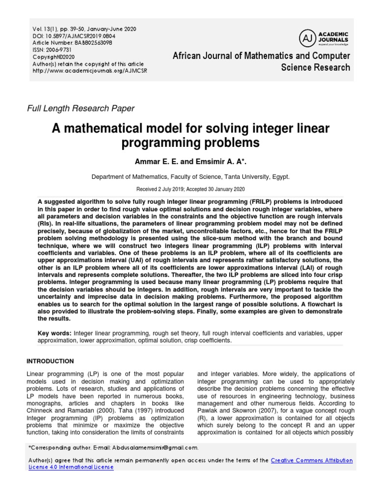A Mathematical Model For Solving Integer Linear Programming Problems | PDF | Mathematical ...