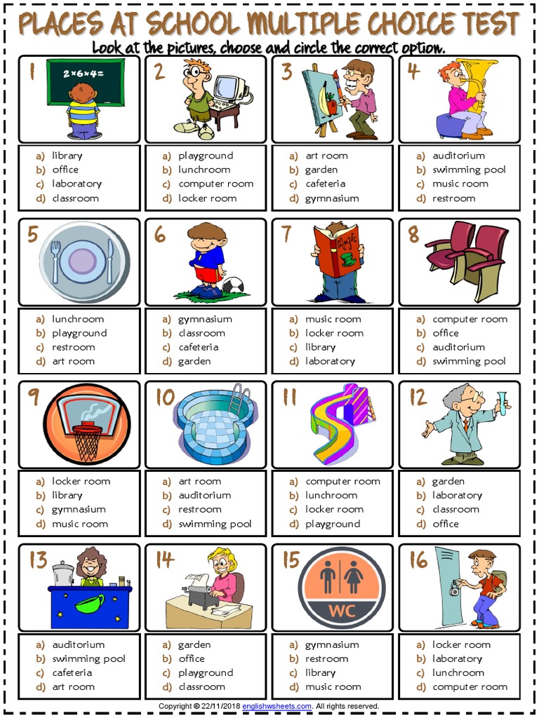 Places at School Vocabulary Esl Multiple Choice Test For Kids | PDF ...