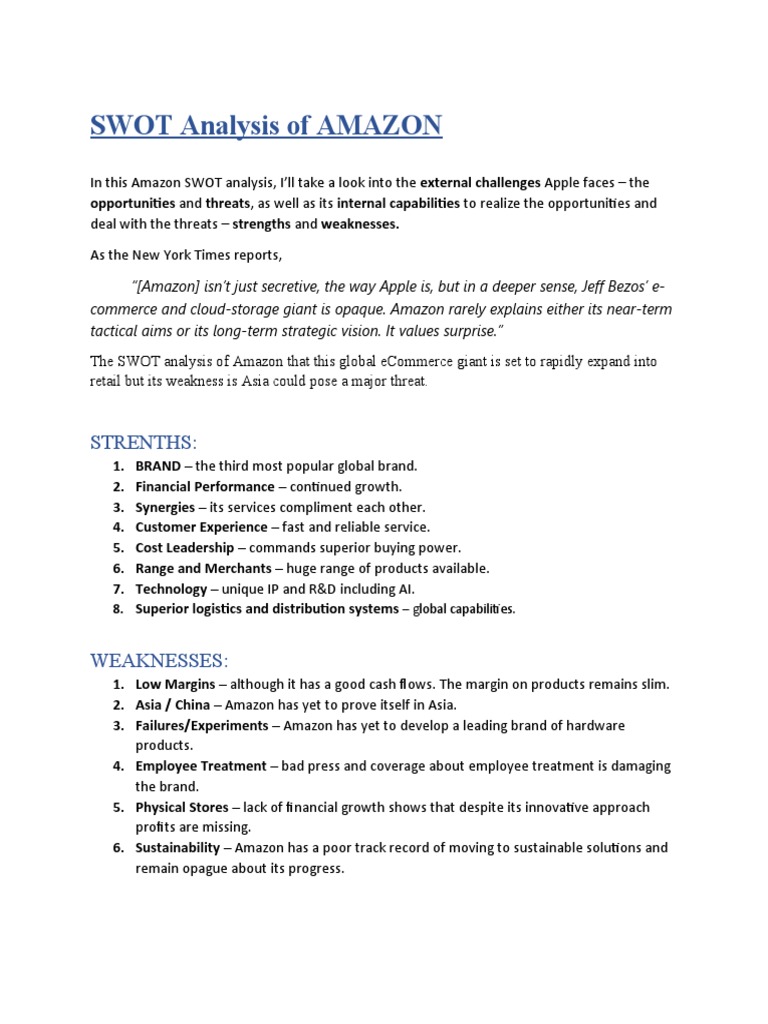 AMAZON SWOT: Strengths, Weaknesses, Opportunities, Threats | PDF ...