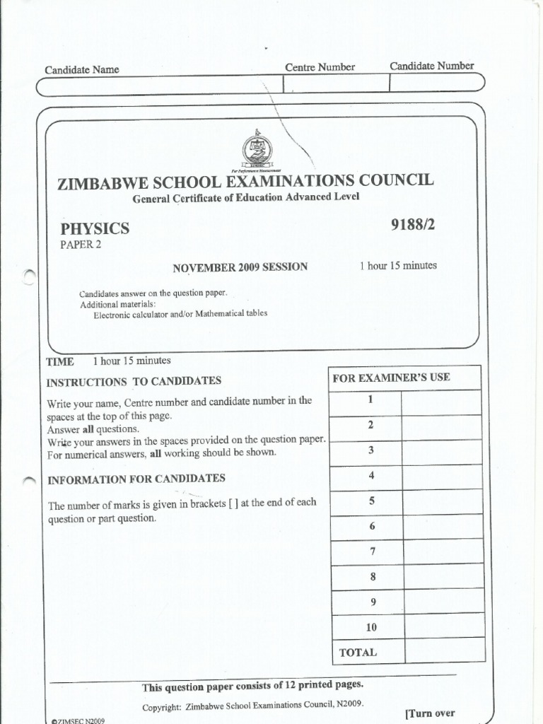 Zimsec November 2009 Paper 2 A Level PHYSICS PDF | PDF