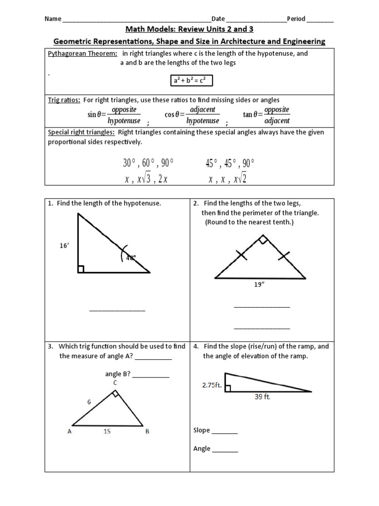 Math Models Review Unit 2 and 3 | PDF | Triangle | Geometric Measurement