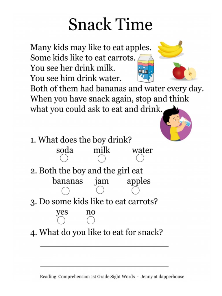1st Grade Reading Comp. Snack Time - JPG PDF | PDF