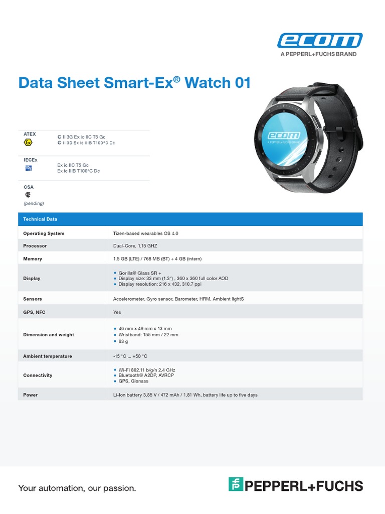 Data Sheet Smart-Ex Watch 01: Ii 3G Ex Ic Iic T5 GC II 3D Ex Ic IIIB ...