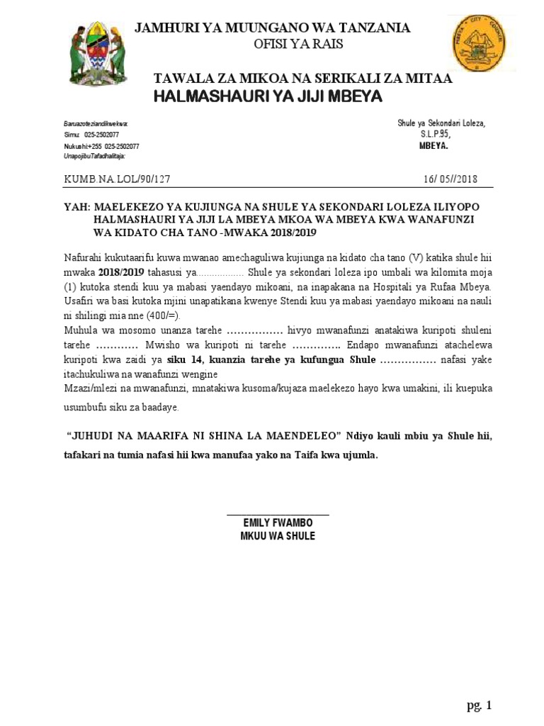 Loleza Secondary School Joining Instruction | PDF