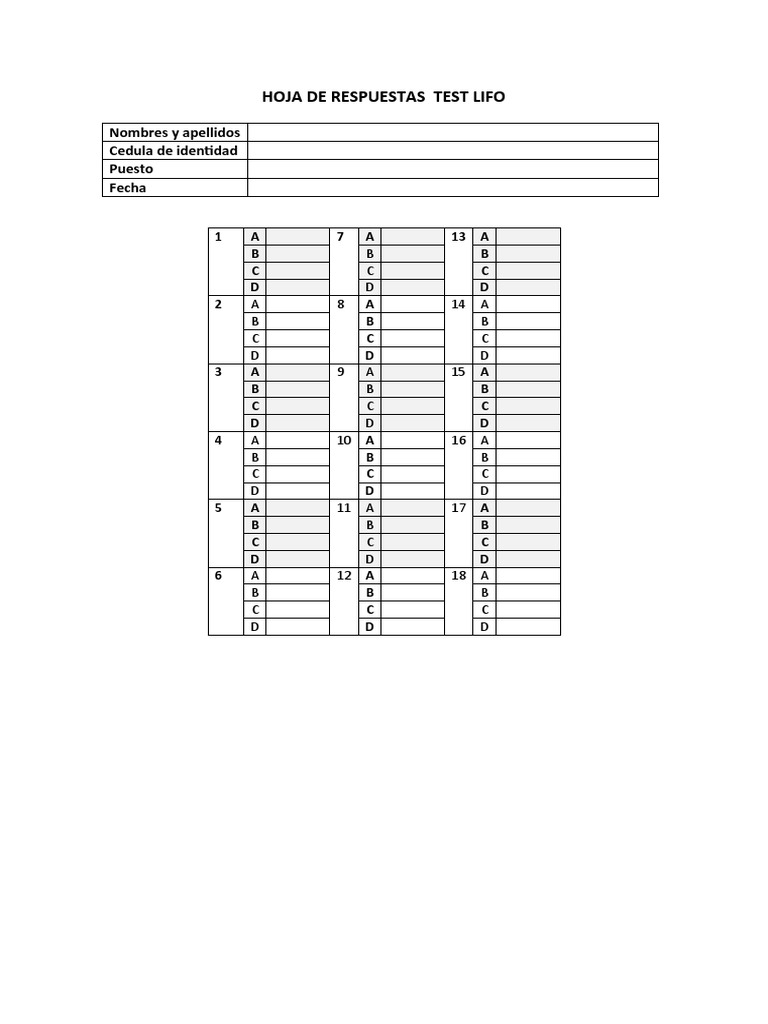 Hoja de Respuestas Test Lifo para Imprimir | PDF