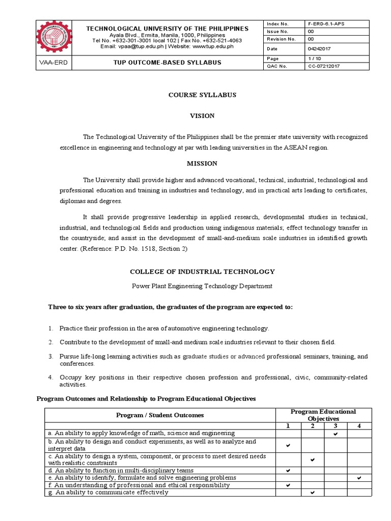 CHED Sample OBE Syllabus AT 1 AUTOMOTIVE ENGINEERING SYSTEM | PDF ... CHED Sample OBE Syllabus AT 1 AUTOMOTIVE ENGINEERING SYSTEM | PDF ...