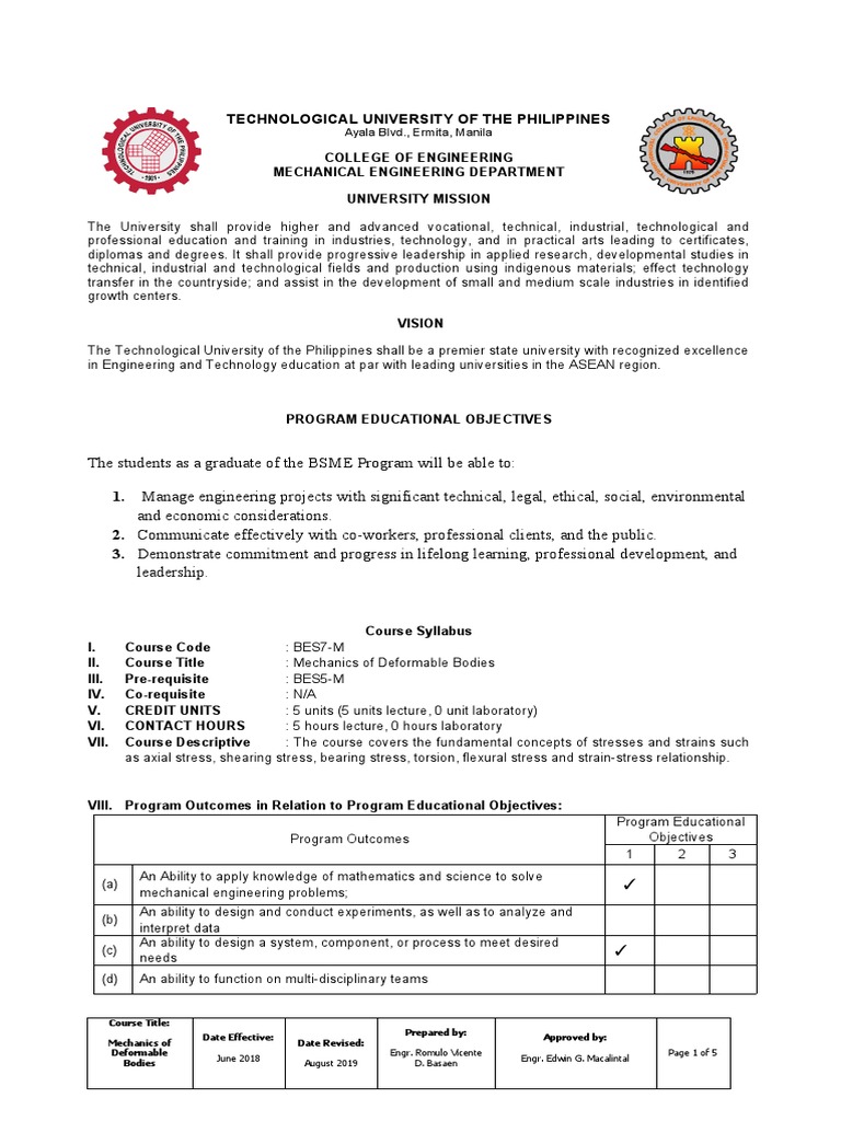 BSME Mechanics Course Overview | PDF | Strength Of Materials | Stress ...
