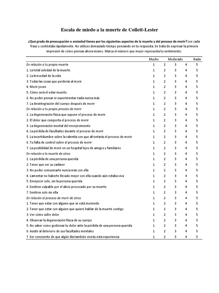 Escala de Miedo A La Muerte de Collett-Lester | PDF | Muerte ...