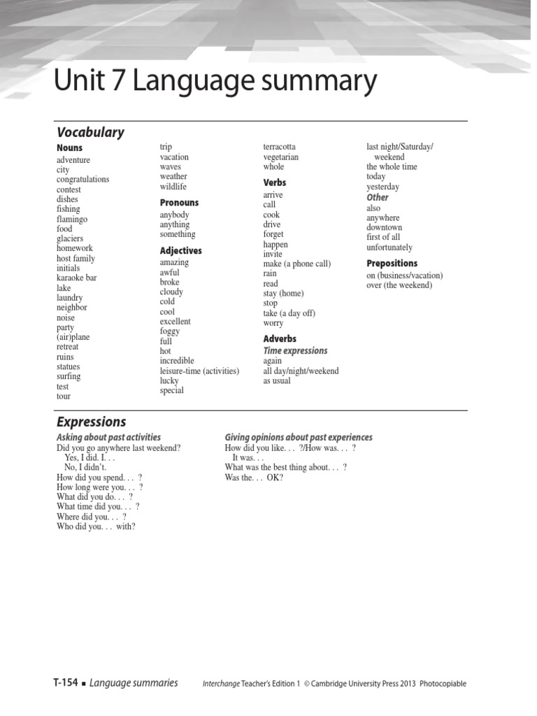 Unit 7 Language Summary: Vocabulary | PDF | Verb | Human Communication