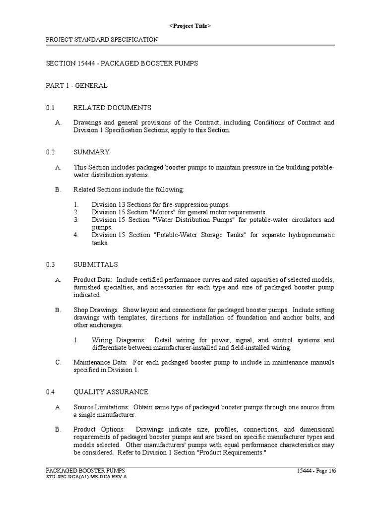 Project Standard Specification: Packaged Booster Pumps 15444 - Page 1/6 ...