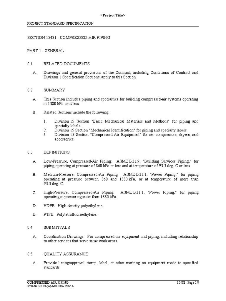 Project Standard Specification: Compressed-Air Piping 15481-Page 1/9 ...