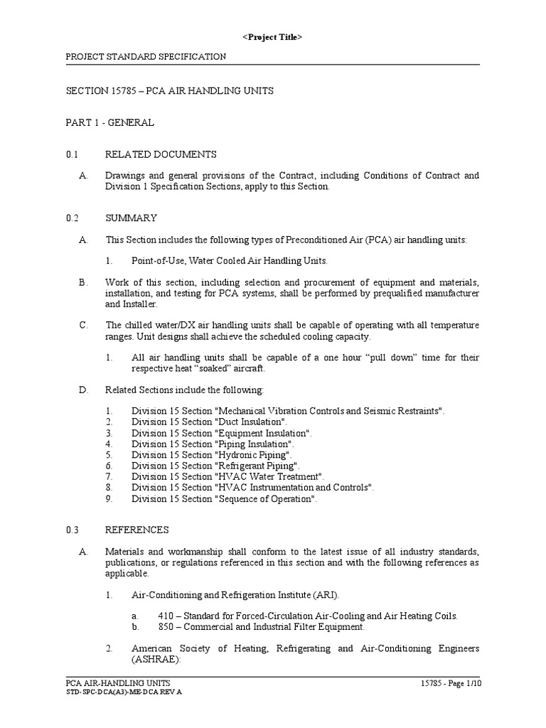 PCA Air Handling Units Specification | PDF | Duct (Flow) | Home Appliance