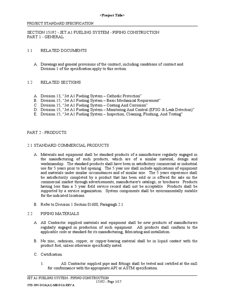 Jet A1 Fueling System Piping Construction Specification | PDF | Pipe ...
