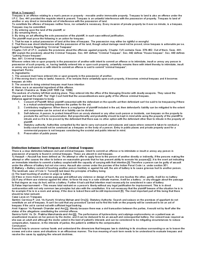 Distinction Between Civil Trespass and Criminal Trespass | PDF ...