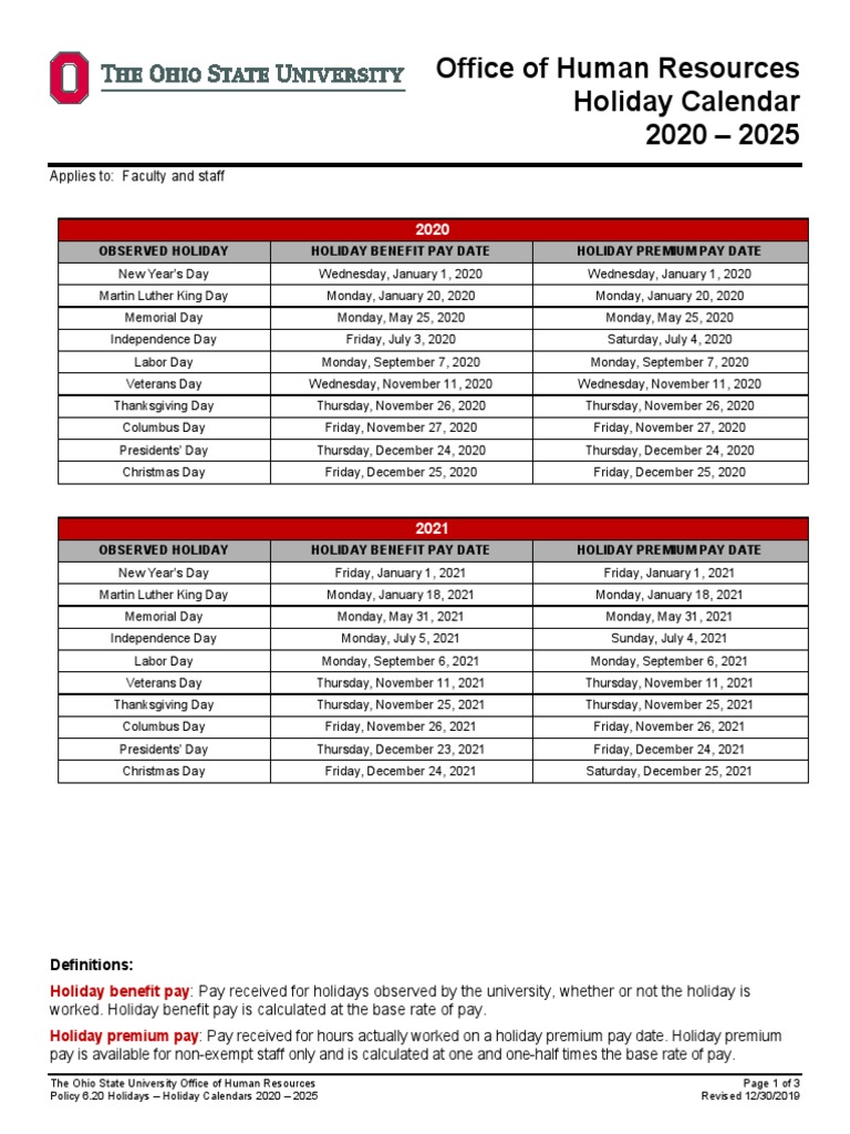 Office of Human Resources Holiday Calendar 2020 - 2025: Applies To ...