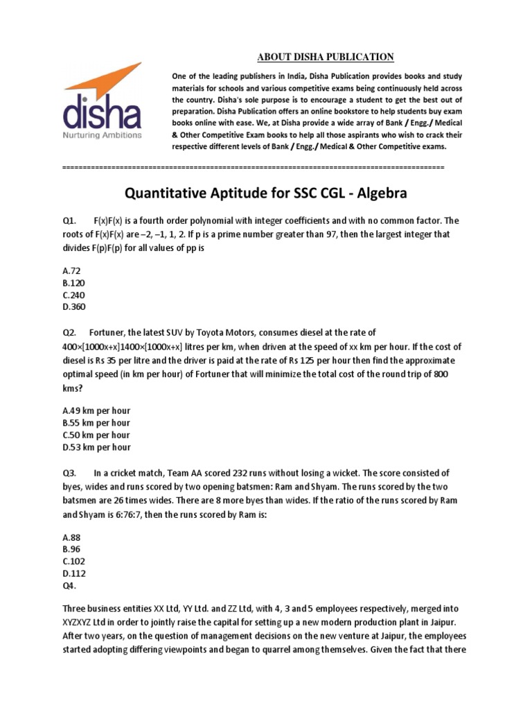 Quantitative Aptitude For SSC CGL - Algebra: About Disha Publication ...