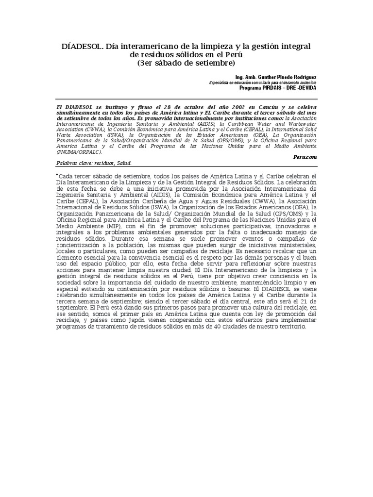 Resumen Diadesol | PDF | Organización Panamericana de la Salud | Residuos