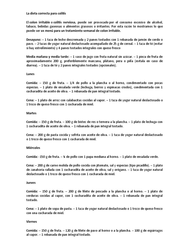 Menú Semanal para Colitis Irritable | PDF | tostada | ensalada