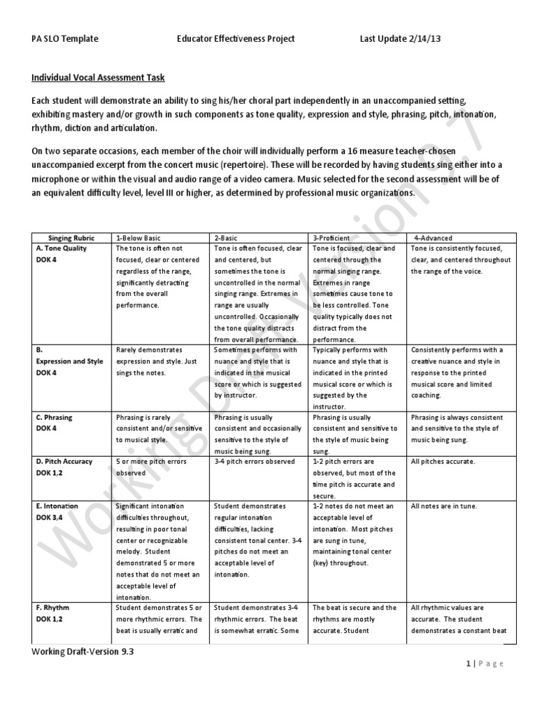 Individual Vocal Assessment Task: Singing Rubric A. Tone Quality Dok 4 ...