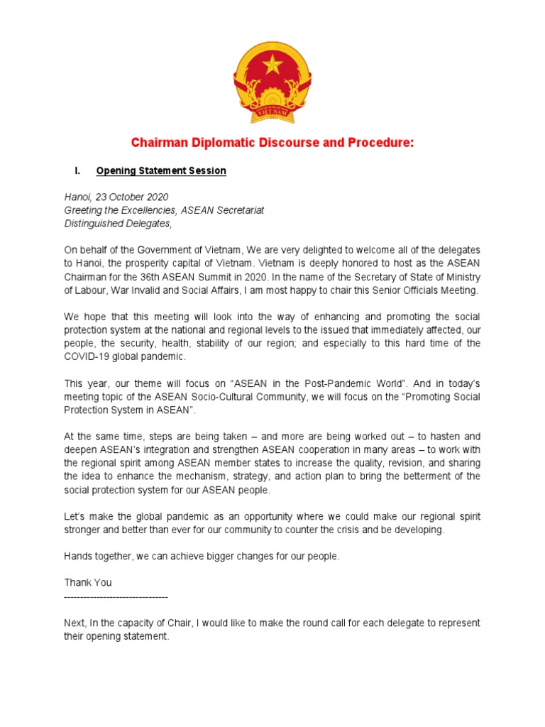 ASEAN Summit 2020 Opening Remarks | PDF | Diplomacy | Foreign Policy