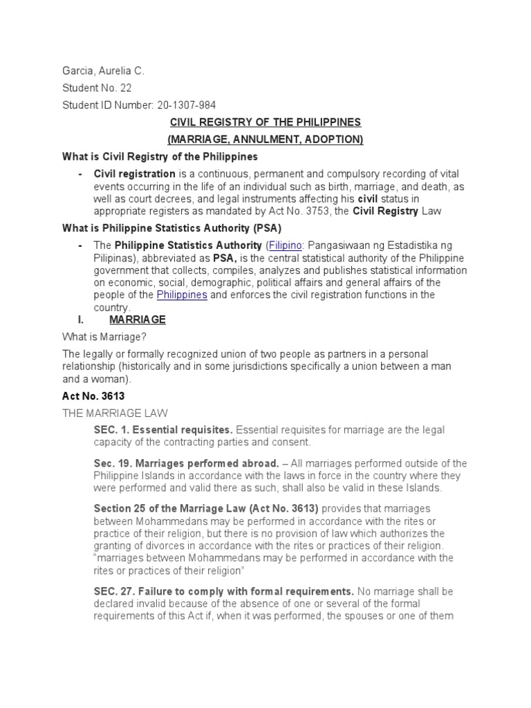 Report On Civil Registry of The PhilippinesMarriageAnnulmentAdoption ...