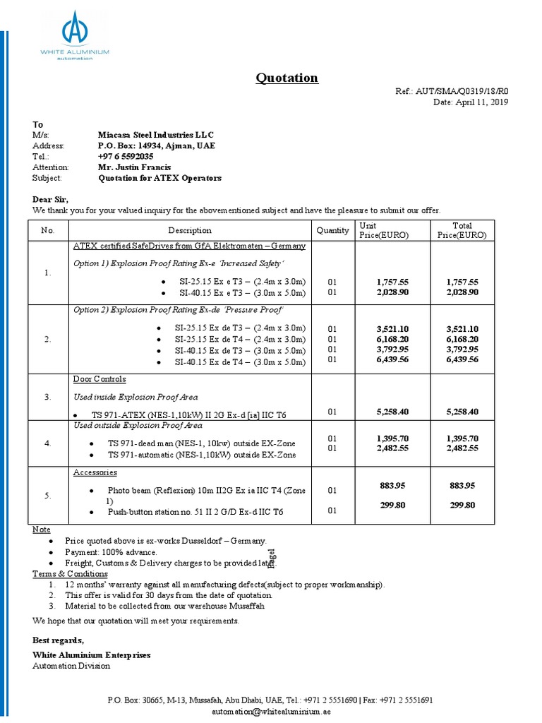 Quotation: Option 1) Explosion Proof Rating Ex-E Increased Safety' | PDF