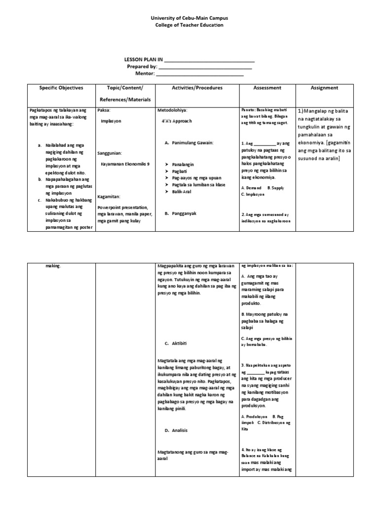 4a's Lesson Plan Implasyon | PDF 4a's Lesson Plan Implasyon | PDF