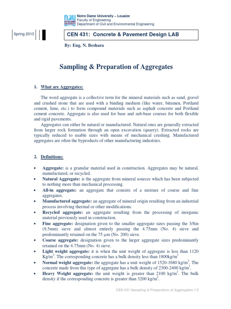 Sampling & Preparation of Aggregates: CEN 431: Concrete & Pavement ...