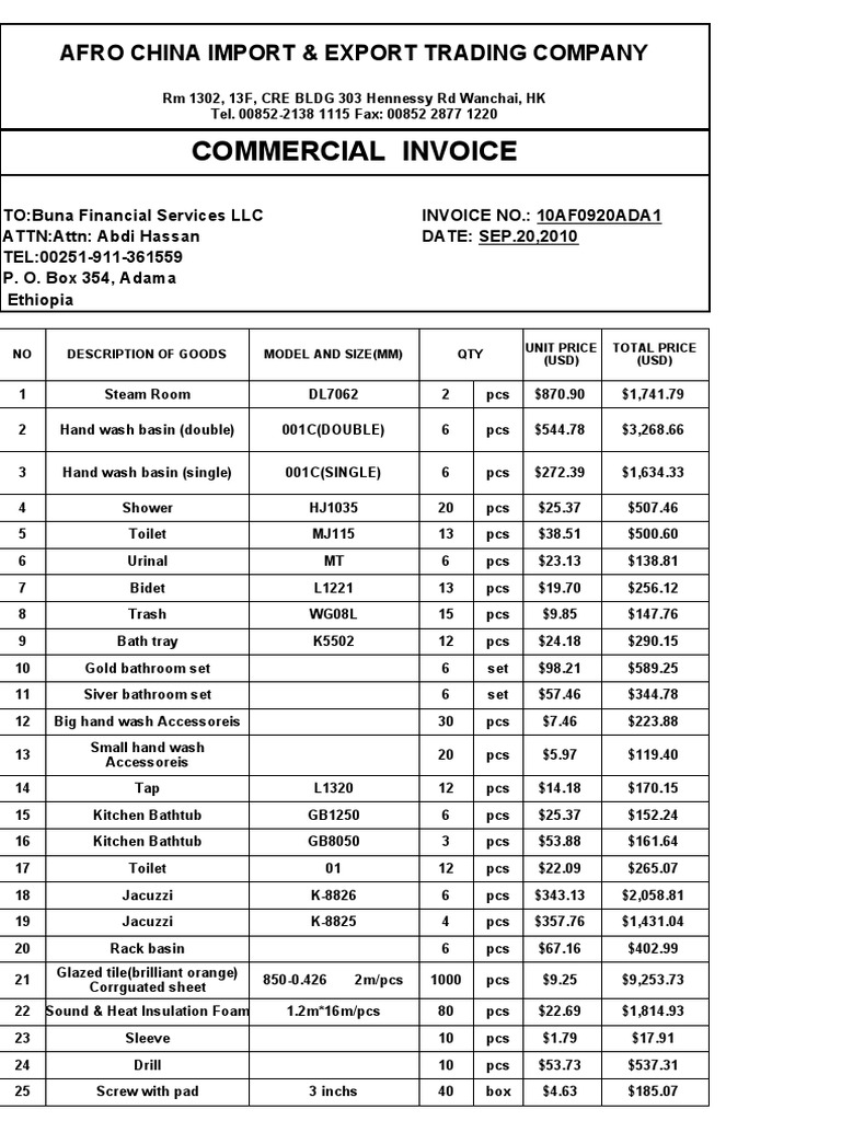 Commercial Invoice: Afro China Import & Export Trading Company | PDF ...