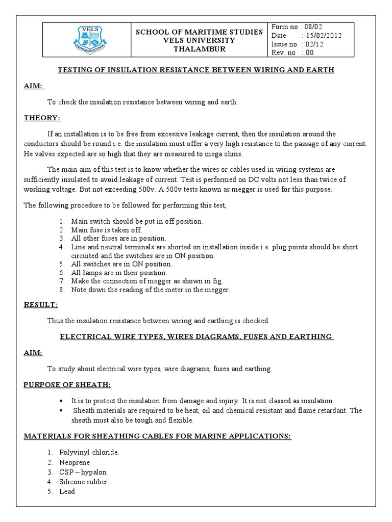 Insulation Resistance and Earthing | PDF | Electrical Wiring ...
