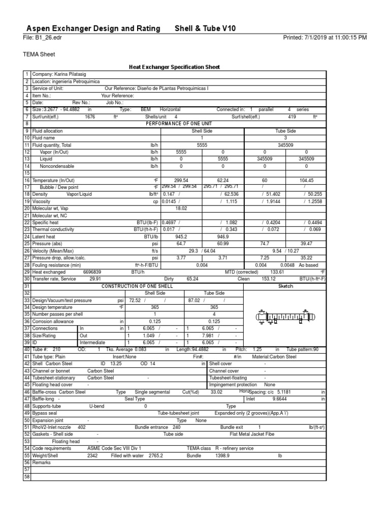 Aspen Exchanger Design and Rating Shell & Tube V10: File: B1 - 26.edr ...