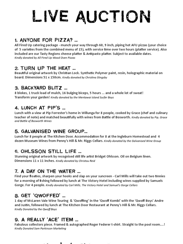 Live Auction Items | PDF | Food And Drink | Restaurant And Catering