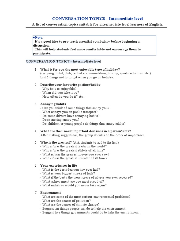 CONVERSATION TOPICS - Intermediate | PDF | Social Media | Popular ...