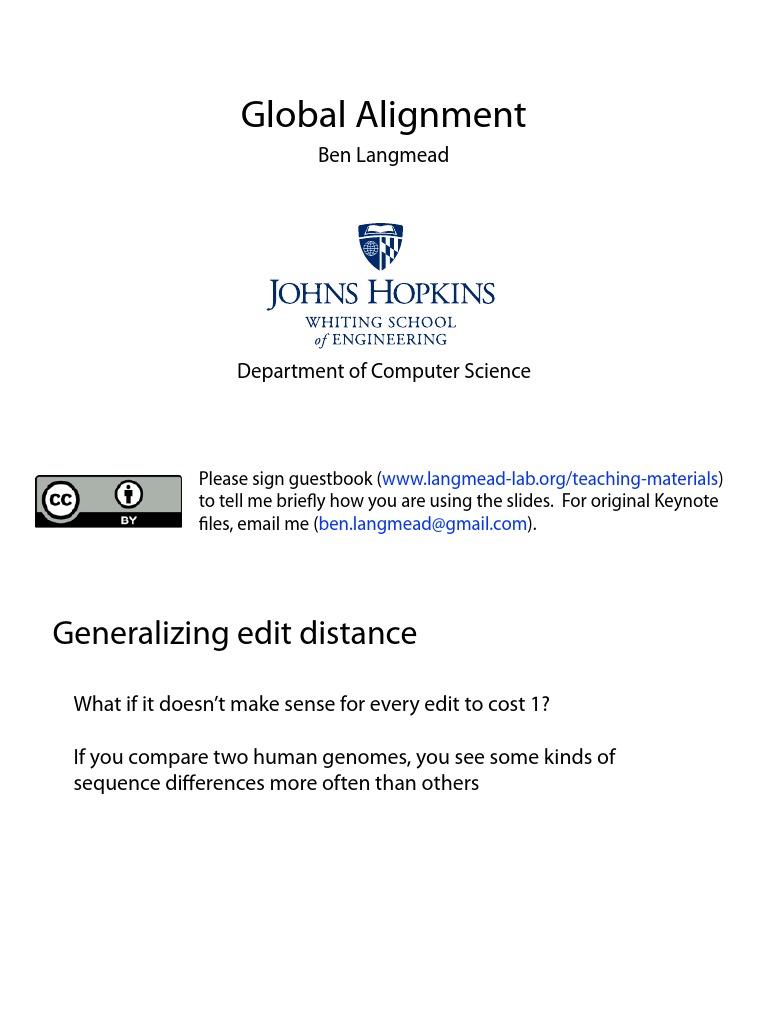 Global Alignment: Ben Langmead | PDF | Sequence Alignment | Algorithms