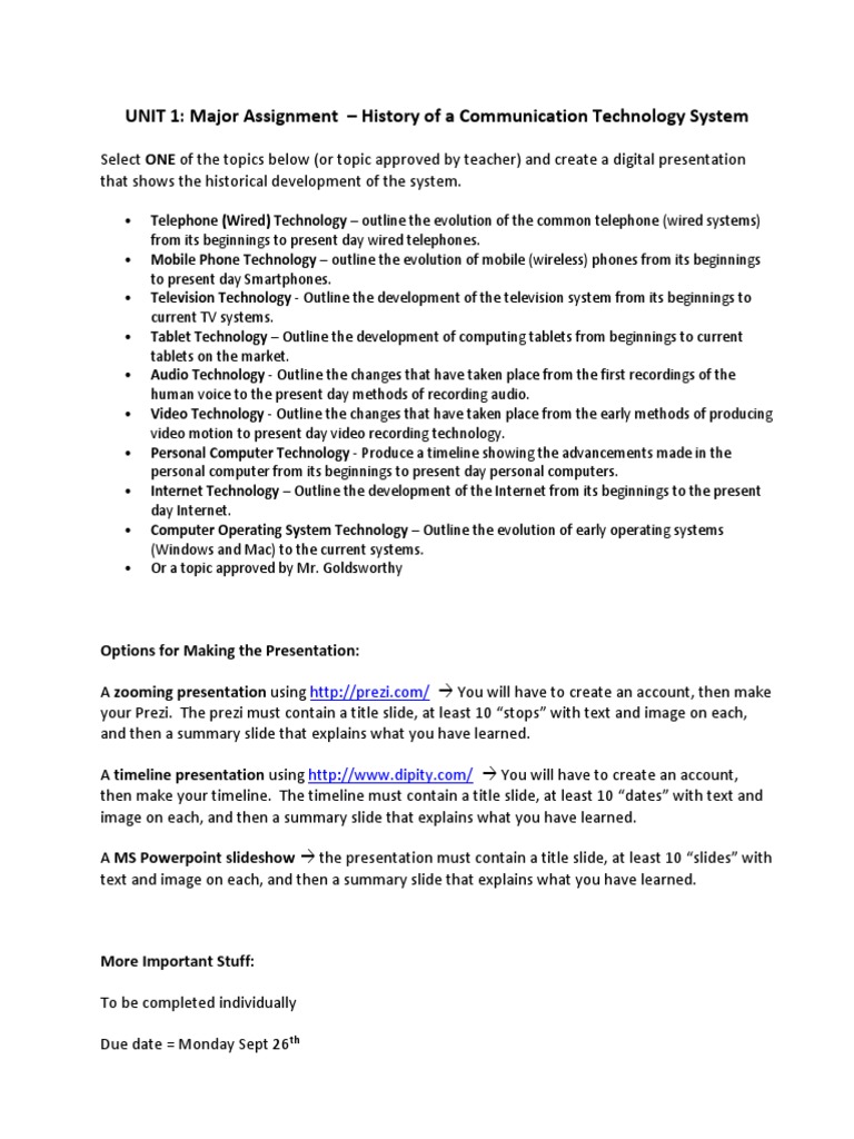 UNIT 1: Major Assignment - History of A Communication Technology System ...