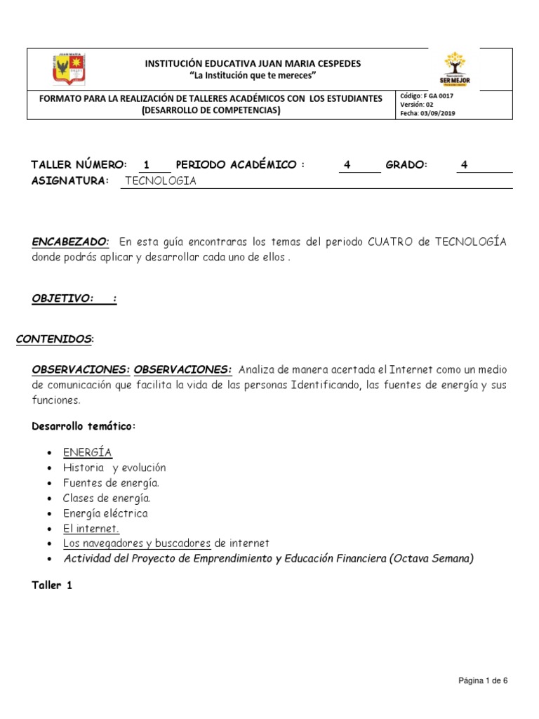 Talleres TECNOLOGIA 4 PERIODO 4 PDF | PDF | Ligero | Microsoft Word