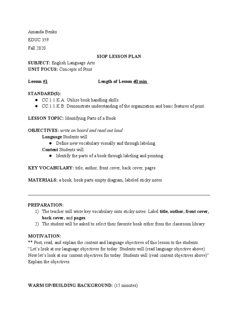 Siop Lesson Plan | PDF | Books | Lesson Plan