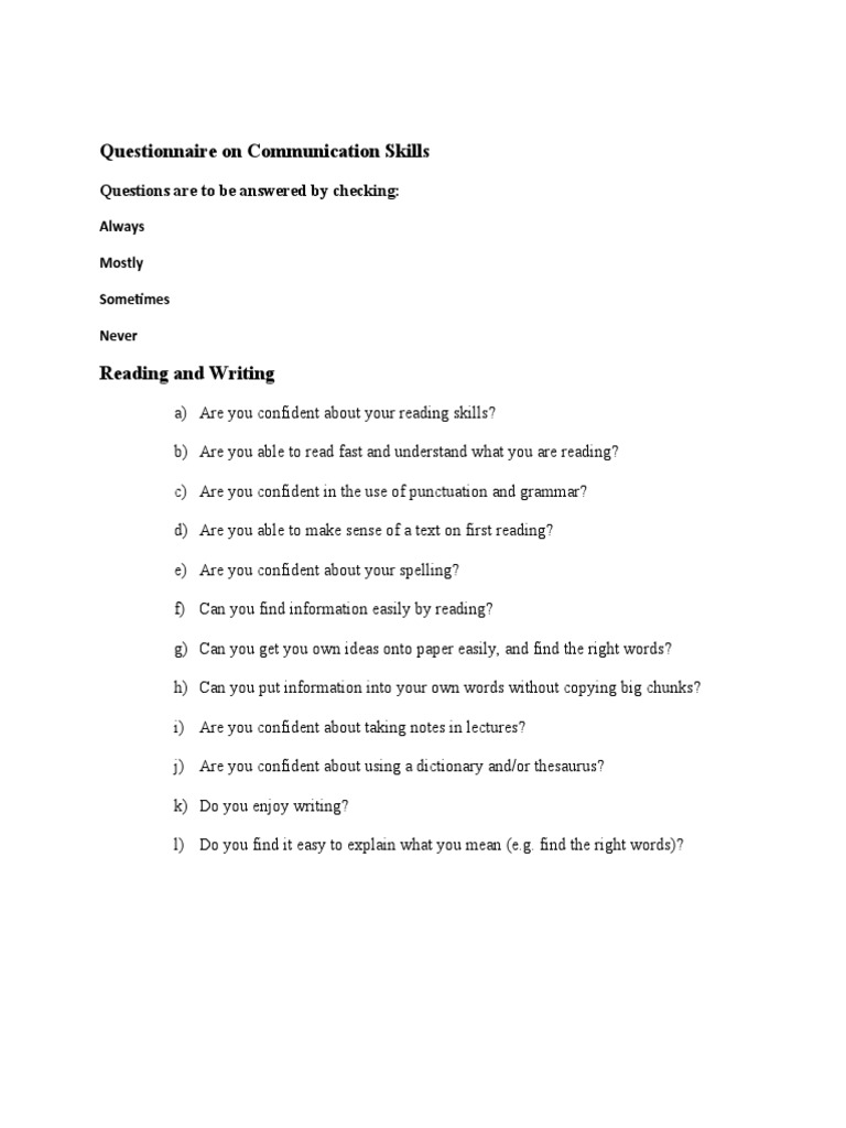 Confidence Questionnaire . | PDF | Lecture | Question